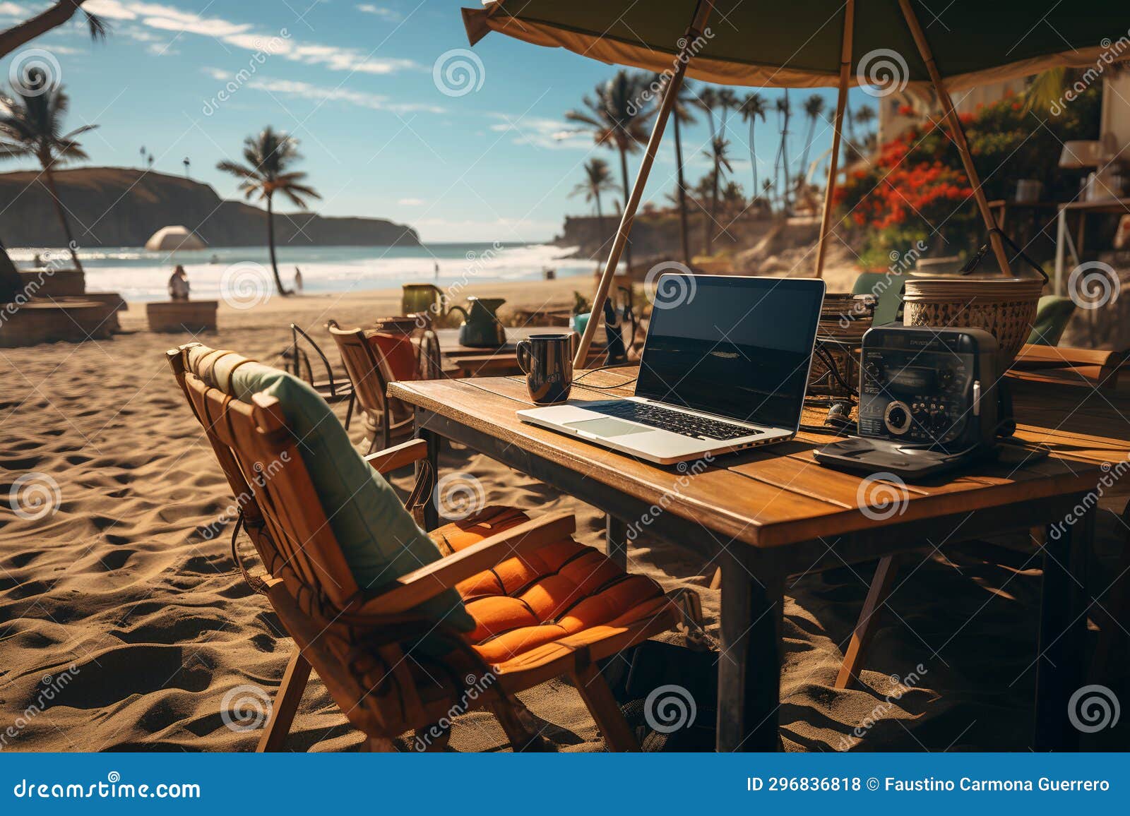 Laptop Computer on a Table on the Beach. Summer Vacation Concept Stock ...