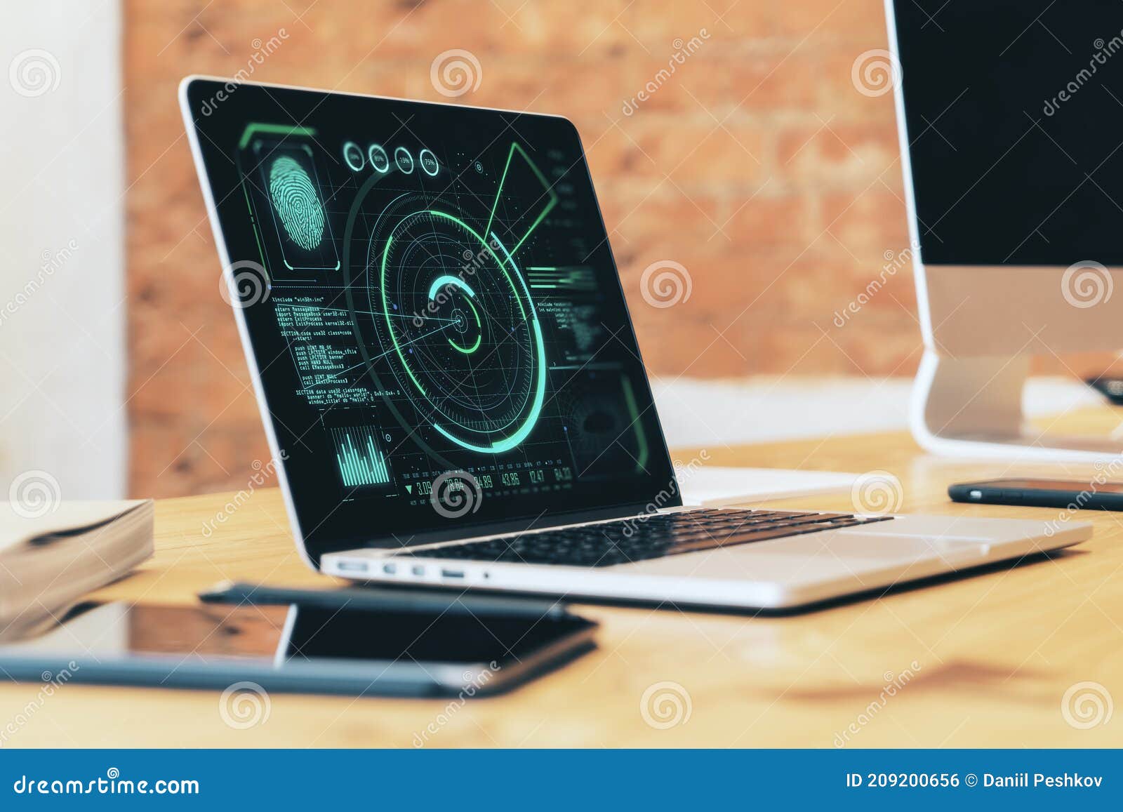 Laptop Computer on Table with Data Protection Interface Stock Photo ...