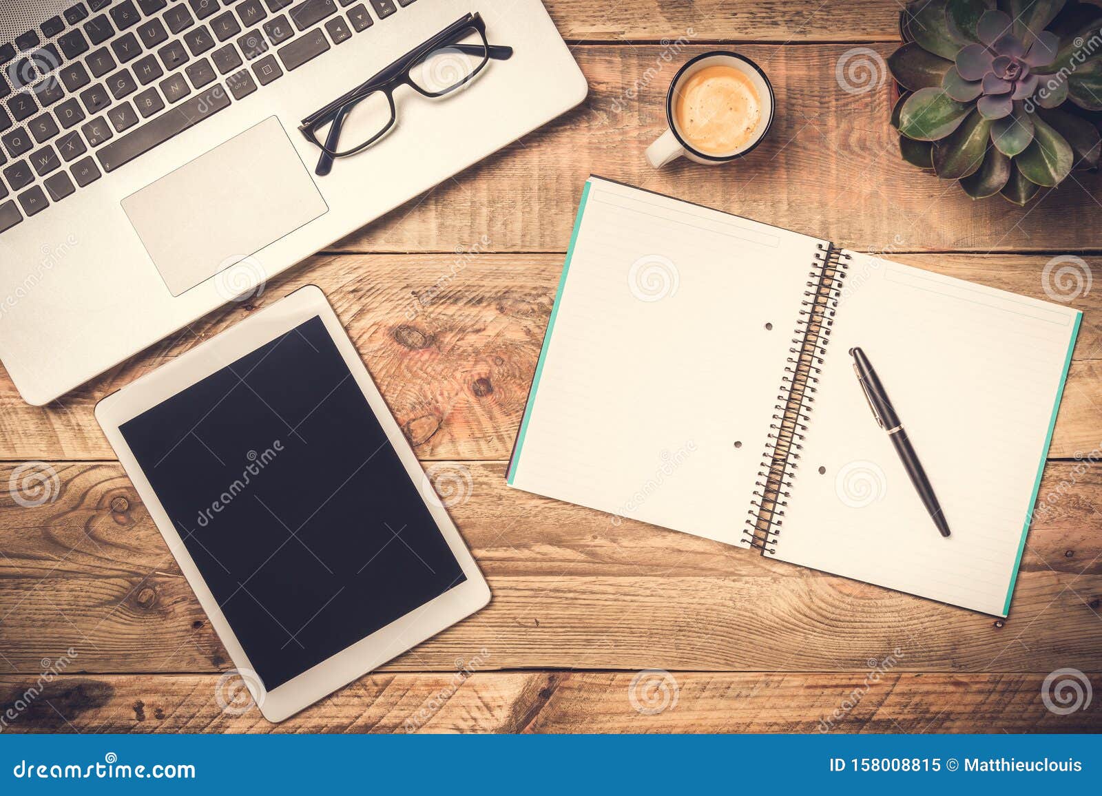 Laptop, Computer Tablet and Open Note Book with White Copy Space on a ...