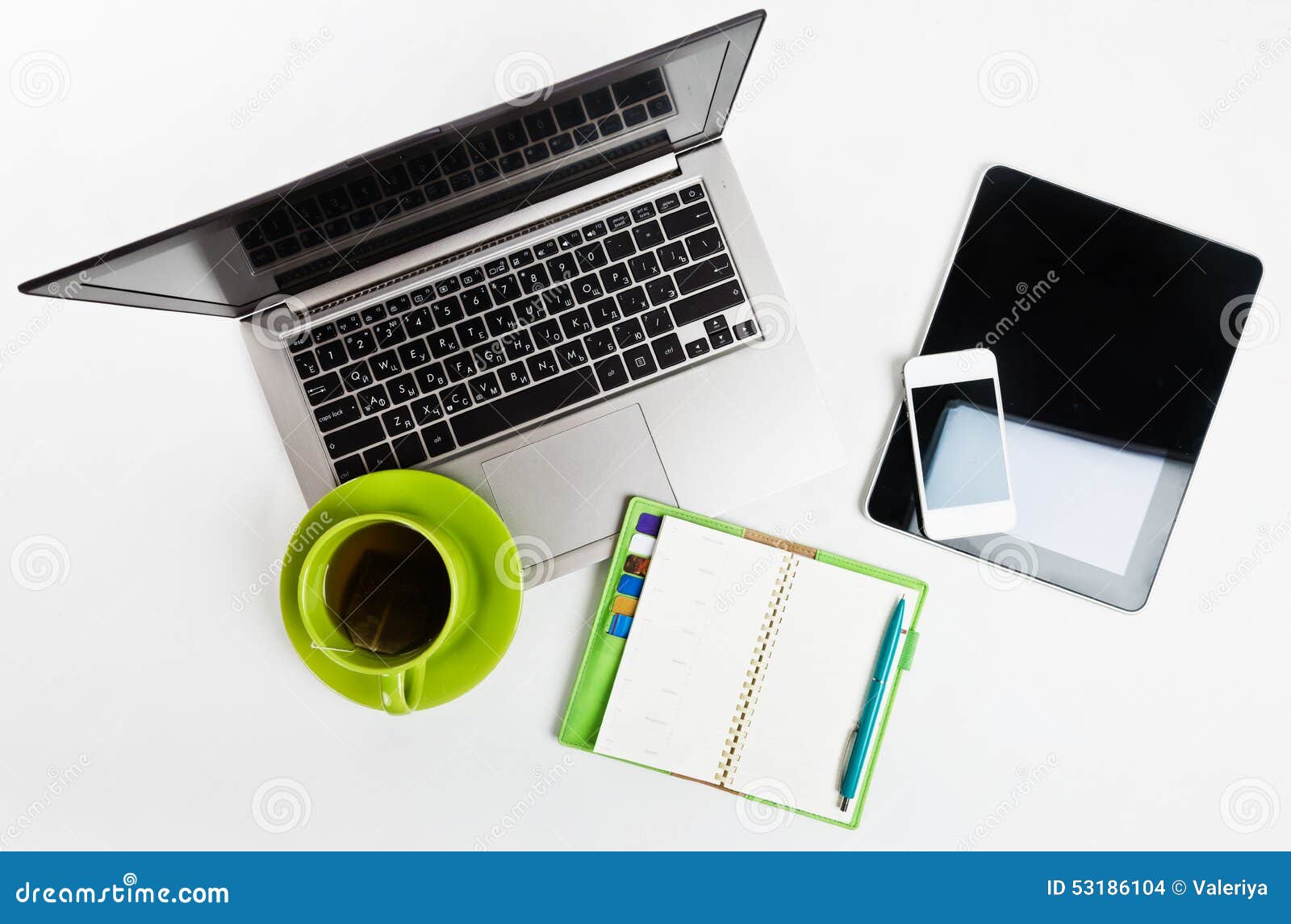 Laptop-Computer, Tabletten-PC, Planer, Stift, Mobil Stockfoto - Bild ...