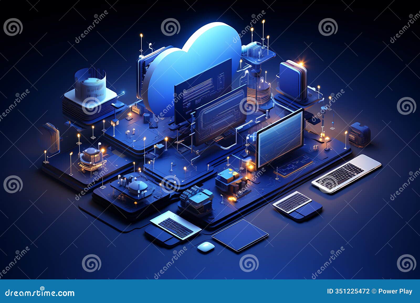 Laptop Computer and Technology Equipment on Blue Background, 3d ...