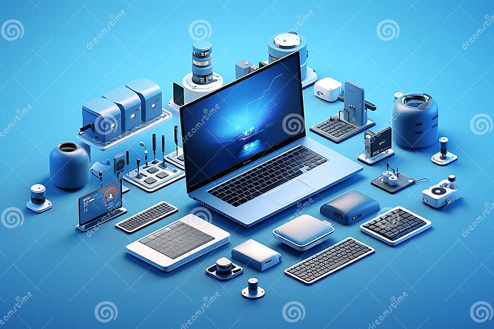 Laptop Computer and Technology Equipment on Blue Background, 3d ...
