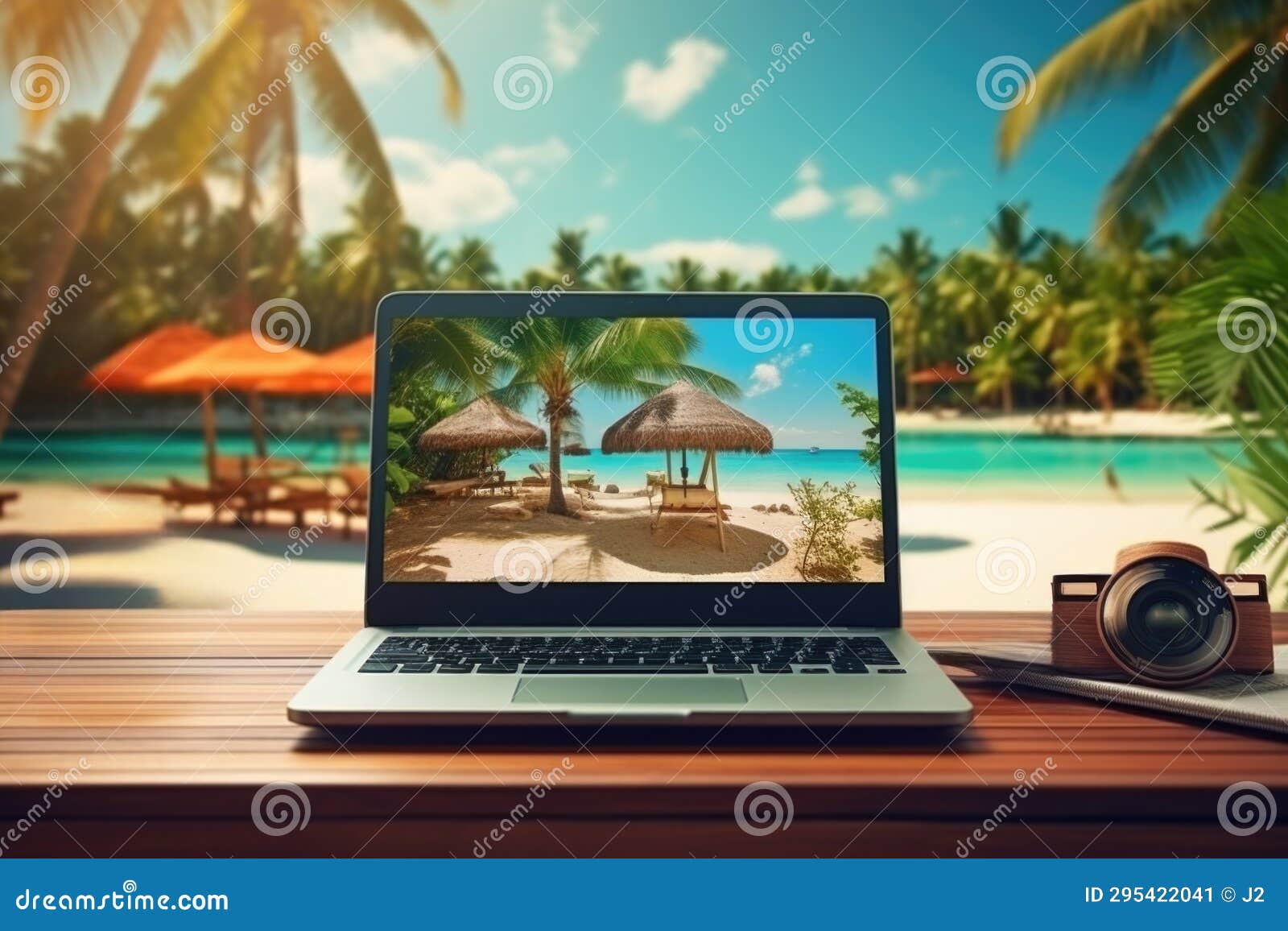 Laptop Computer on Tropical Beach with Palm Trees. Stock Illustration ...