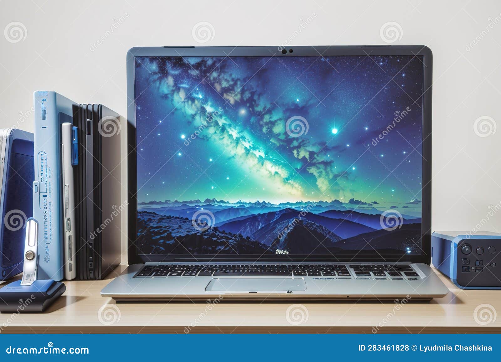Laptop Computer with Universe on the Screen Stock Photo - Image of ...