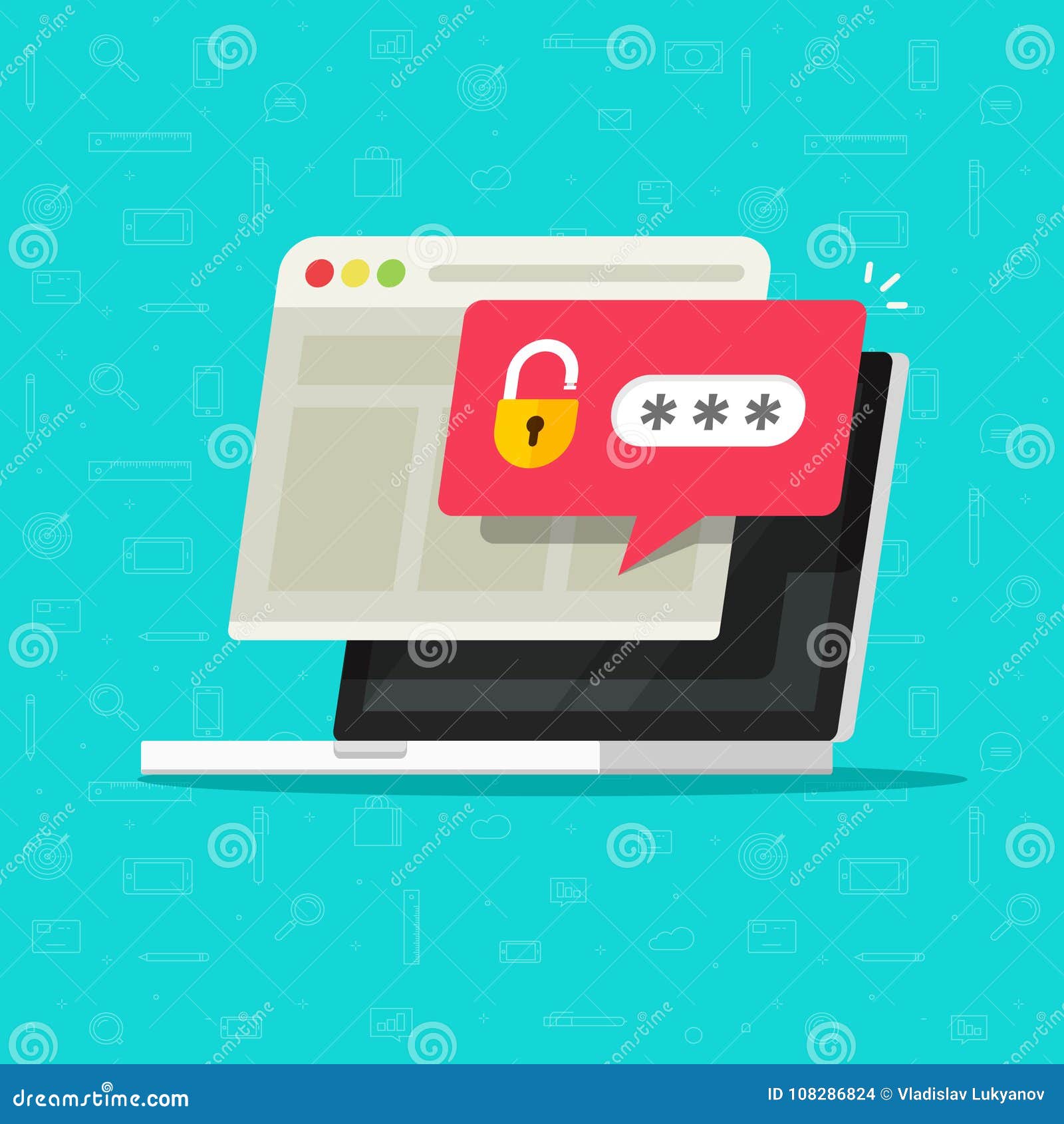 Laptop Computer With Unlocked Password Bubble Notification, Flat ...