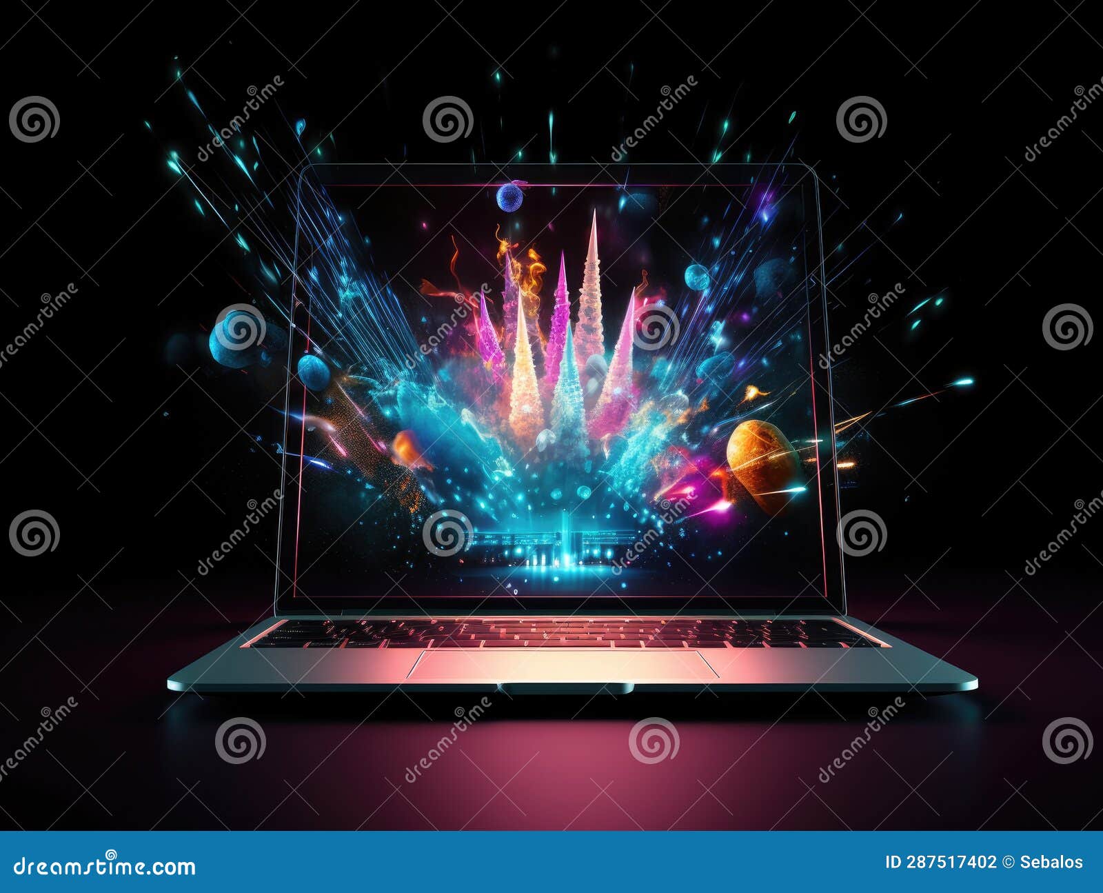 Laptop Computer with Various Coloured Objects Coming Out of the Screen ...