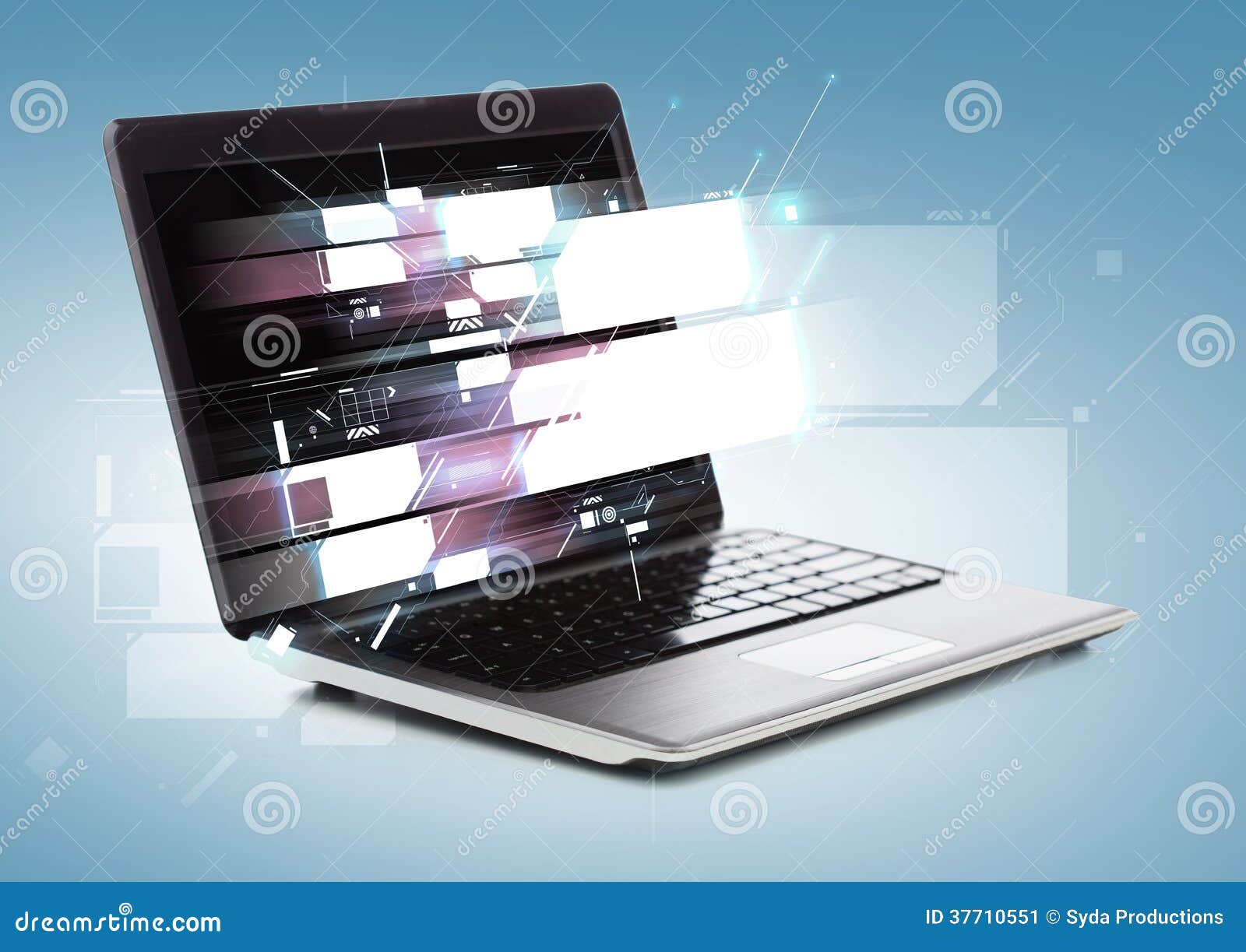 Laptop Computer with Virtual Screens Stock Illustration - Illustration ...