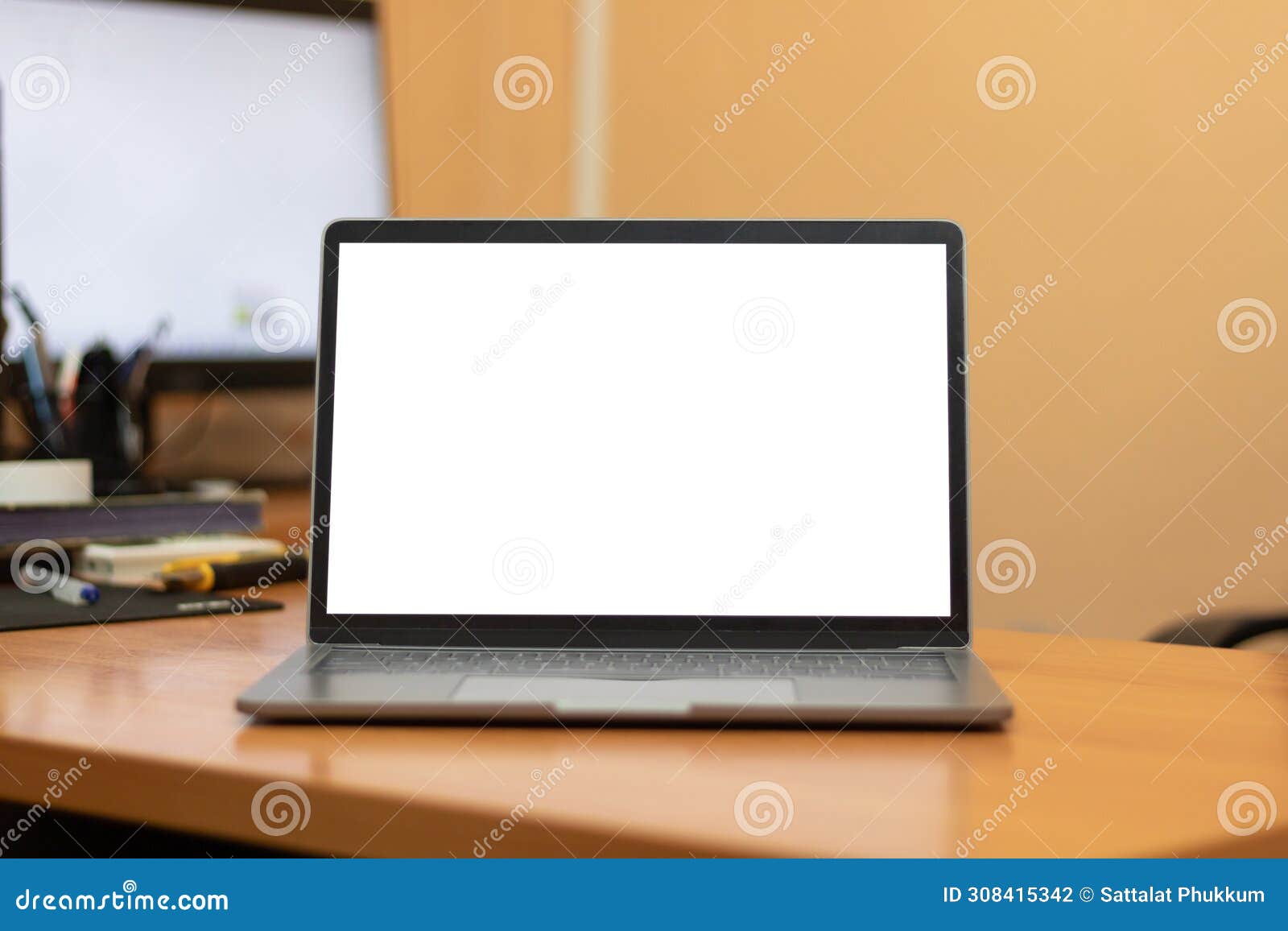 Laptop Computer with White Blank Screen on Wood Desk. Workspace ...