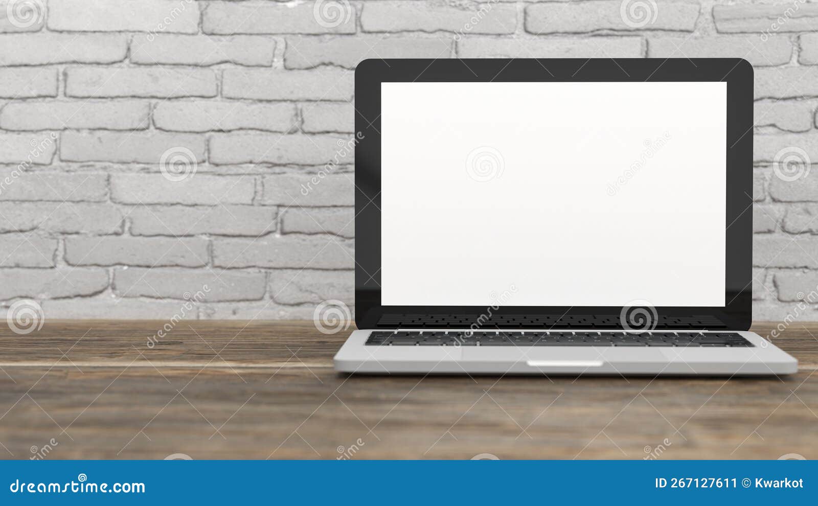 Laptop Computer White Blank Screen on Work Table Front View. Copy Space ...