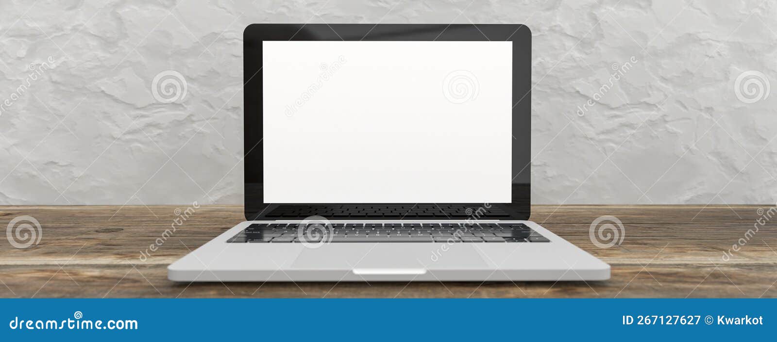Laptop Computer White Blank Screen on Work Table Front View. Copy Space ...