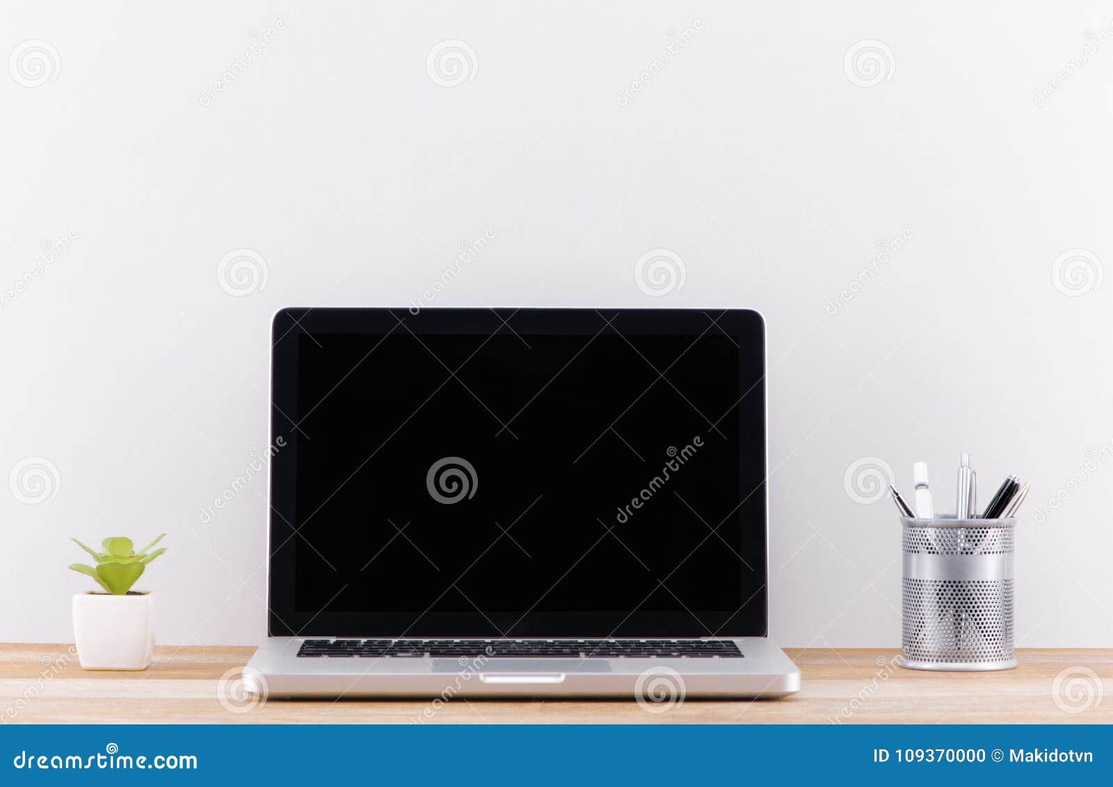 Laptop Computer White Blank Screen on Work Table Front View Stock Photo ...