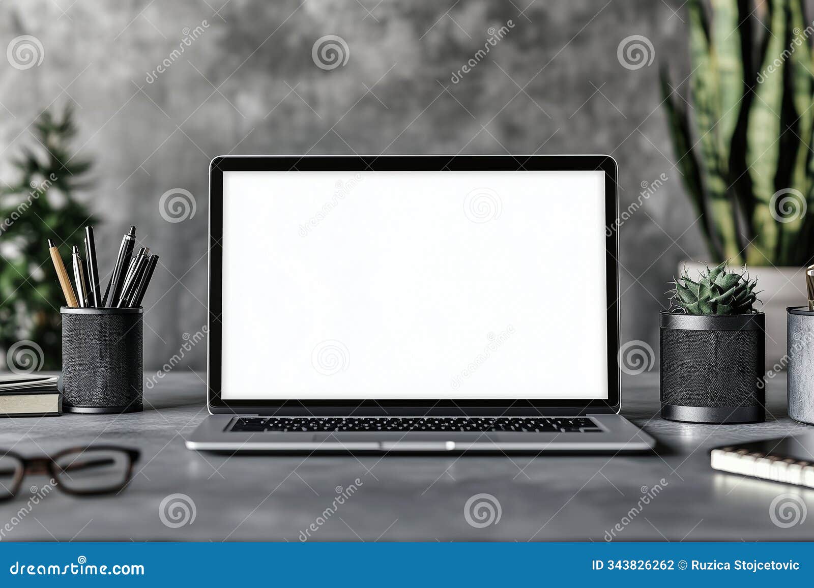 Laptop Computer White Blank Screen on Work Table Front View Ai Photo ...
