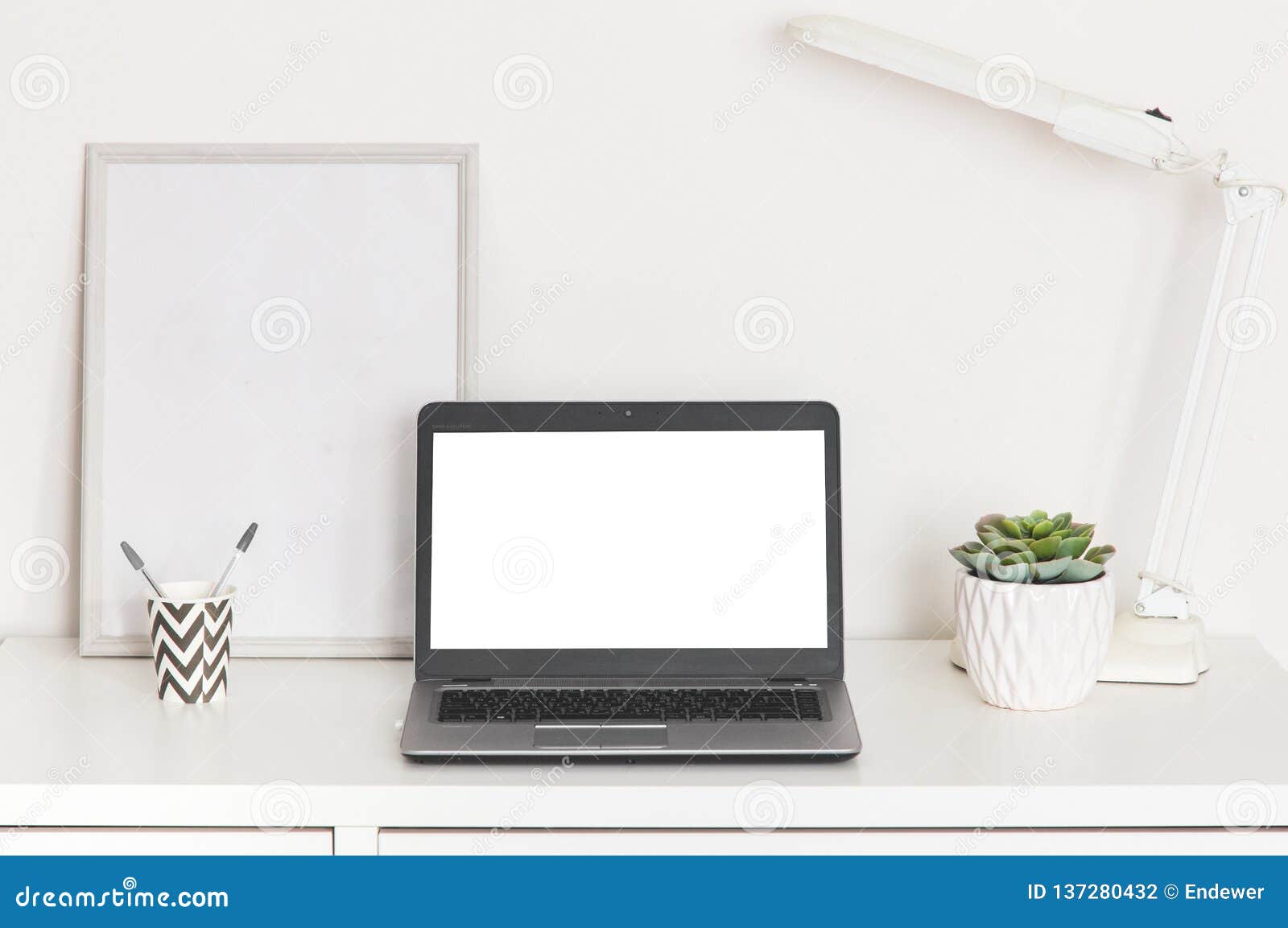 Laptop Computer White Blank Screen on Work Table Front View, Office ...