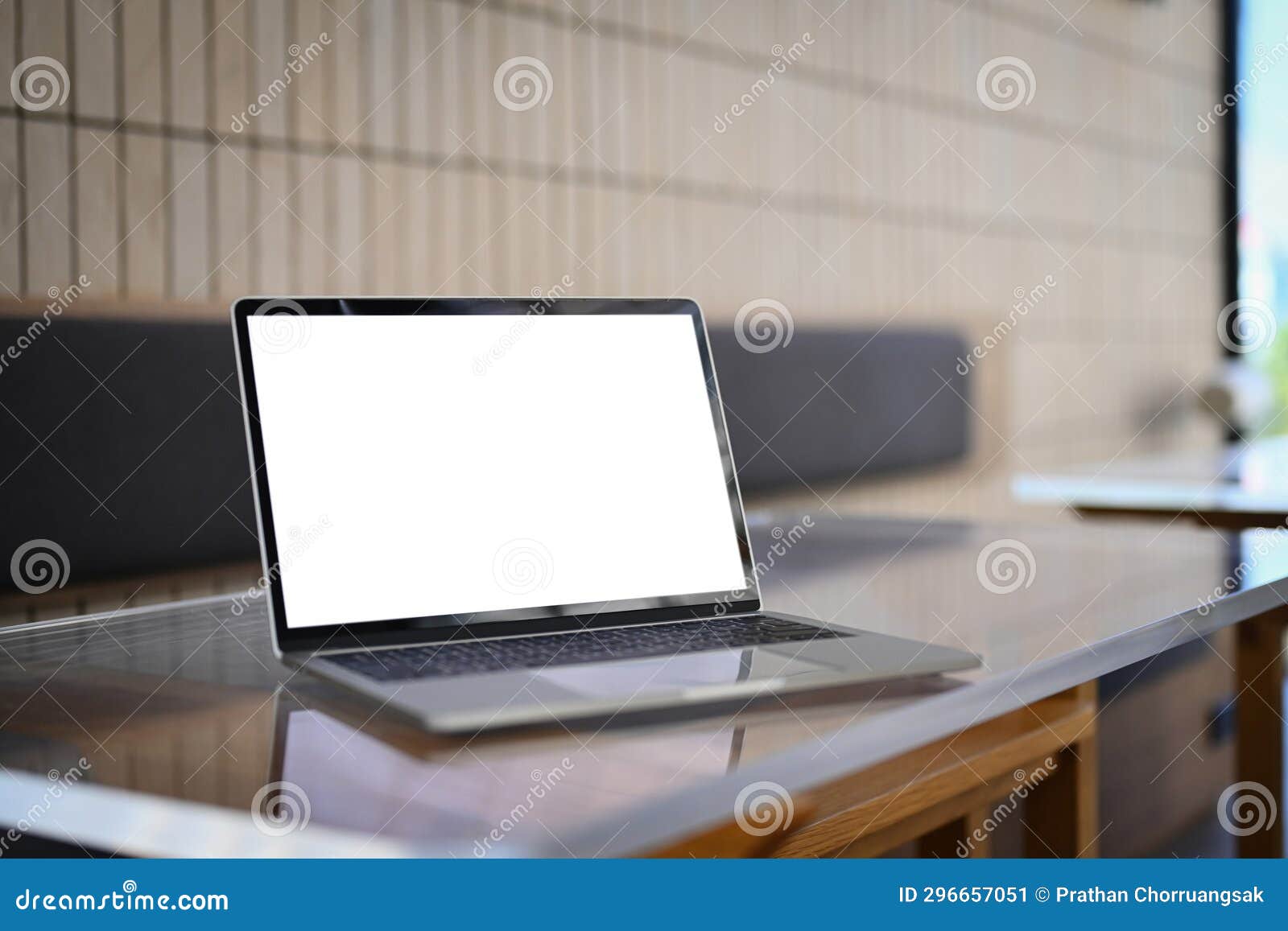 Laptop Computer with White Empty Screen on Wooden Table at Meeting Room ...