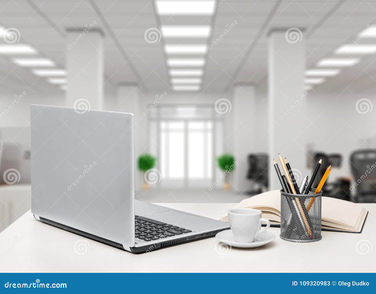 Laptop Computer on White Table in Office Stock Image - Image of social ...