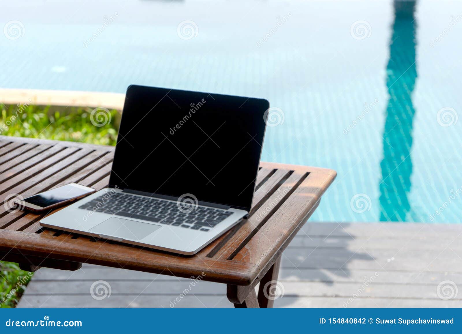Laptop Computer on the Wood Table Stock Photo - Image of concept ...