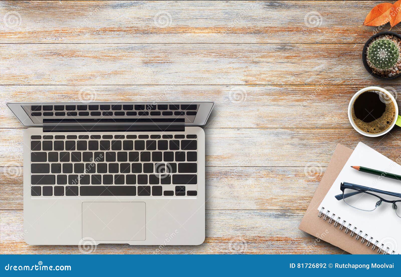 Laptop Computer on Wood Table Top View Stock Photo - Image of keyboard ...