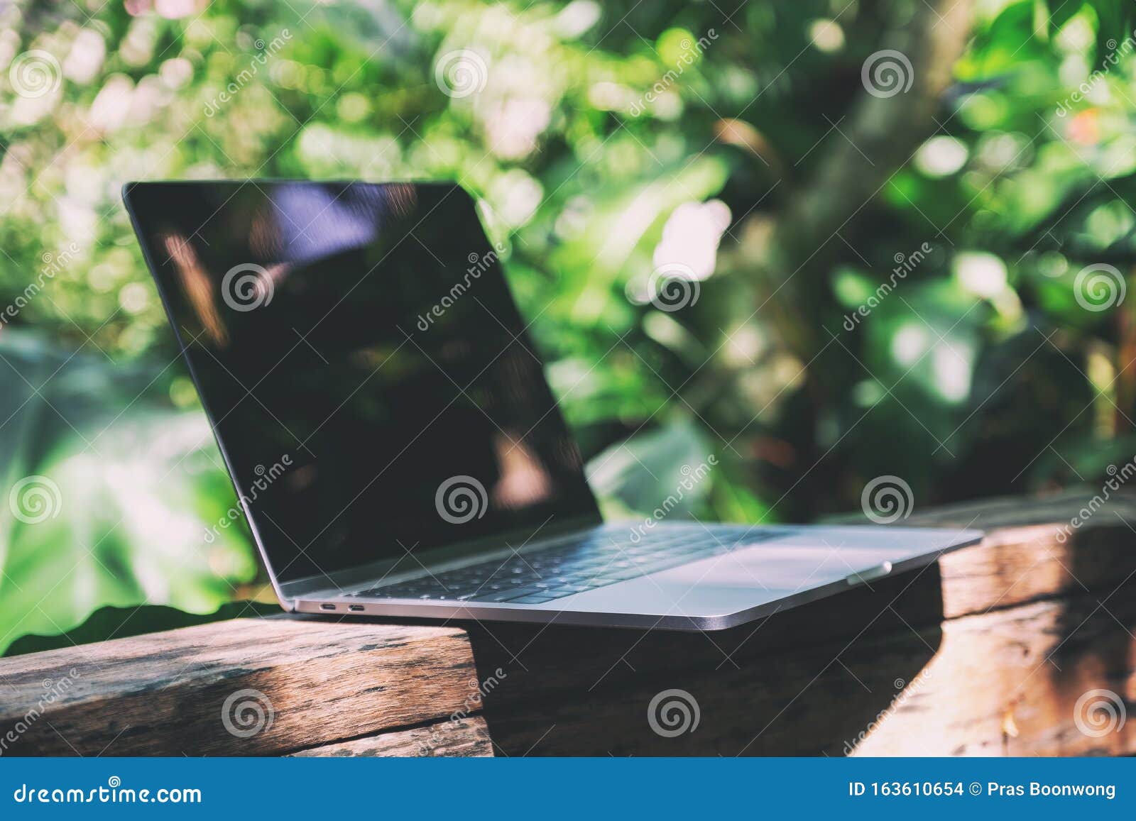 A Laptop Computer on Wooden Balcony Stock Photo - Image of monitor ...