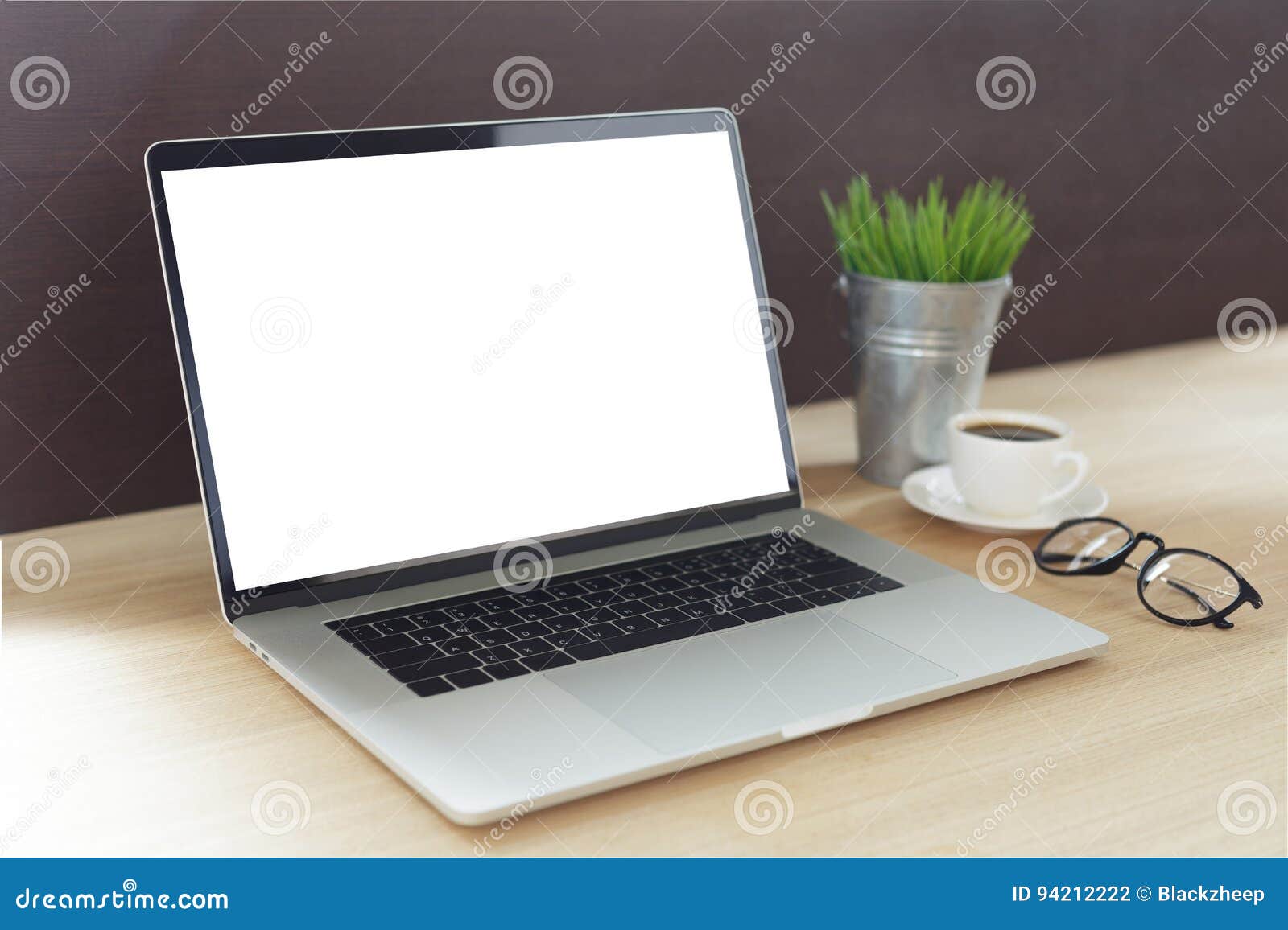 Laptop Computer on Work Desk Showing White Screen Side View Stock Photo ...
