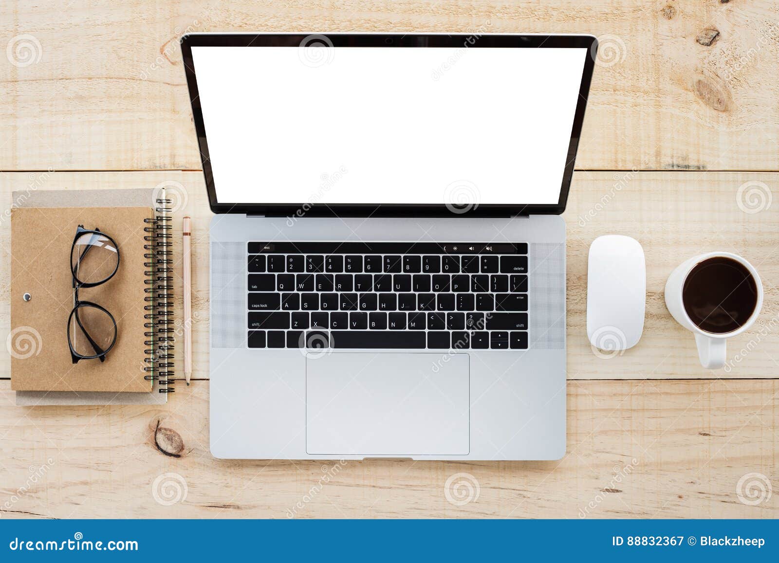 Laptop Computer on Work Table Top View Stock Image - Image of mock ...