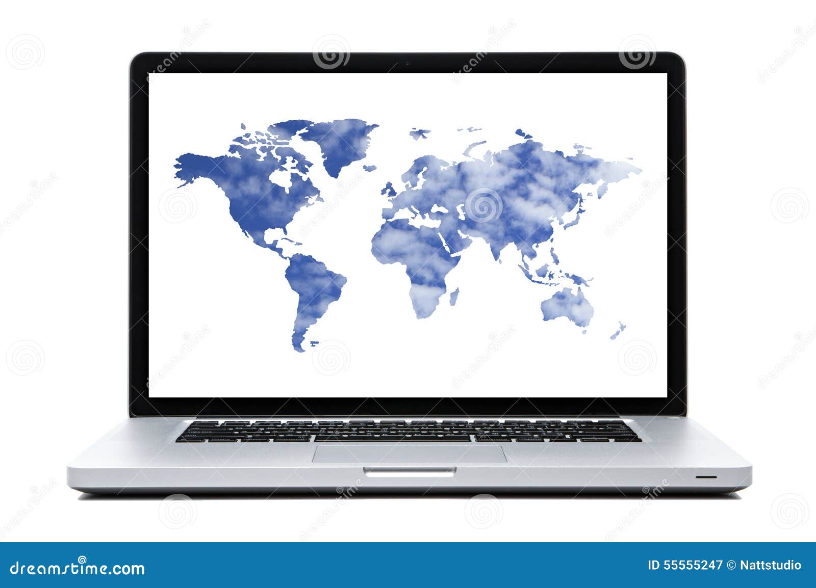 Laptop Computer with World Map Shaped Clouds Stock Image - Image of ...