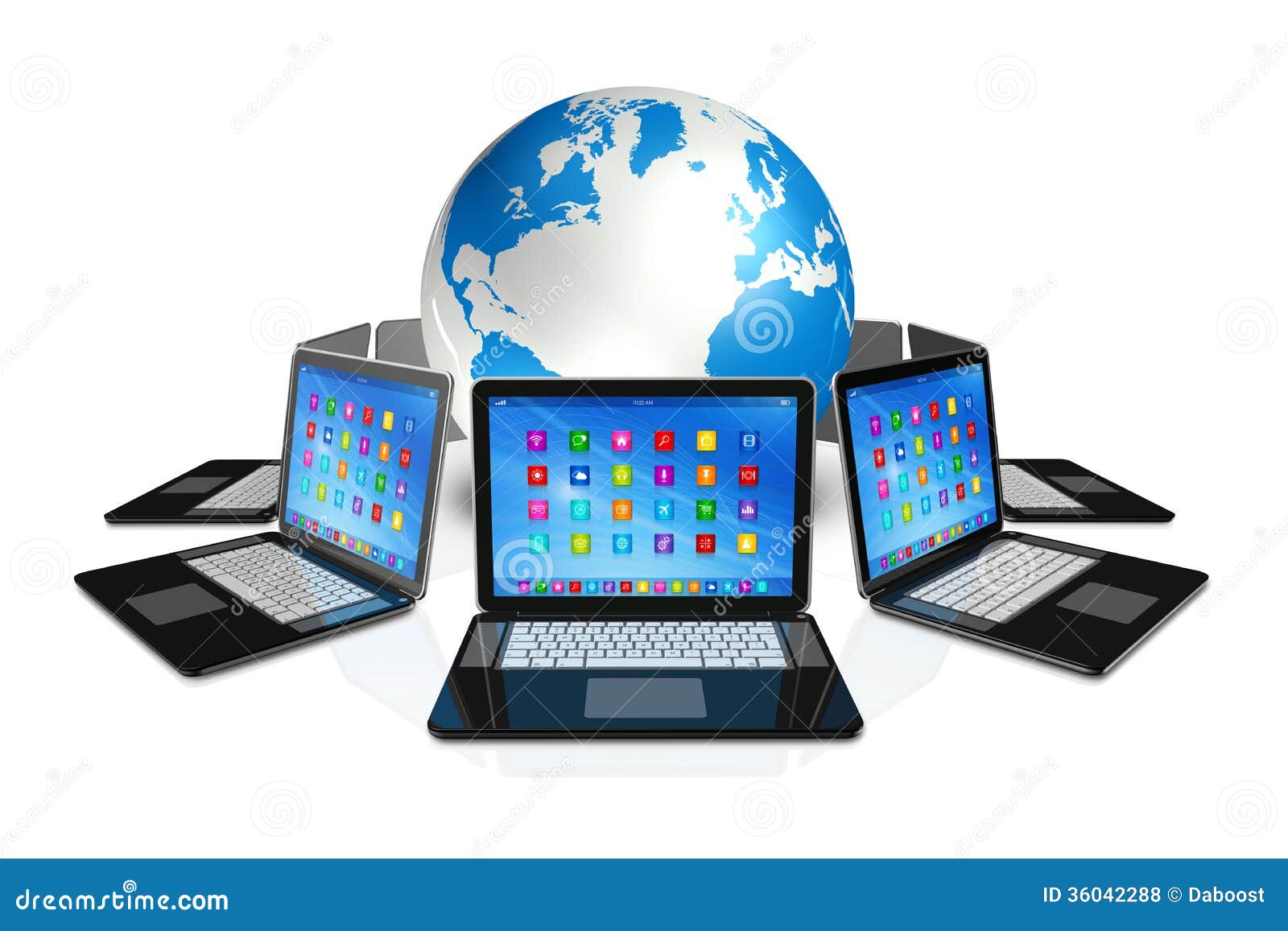 Laptop Computers Around World Globe Stock Illustration - Illustration ...
