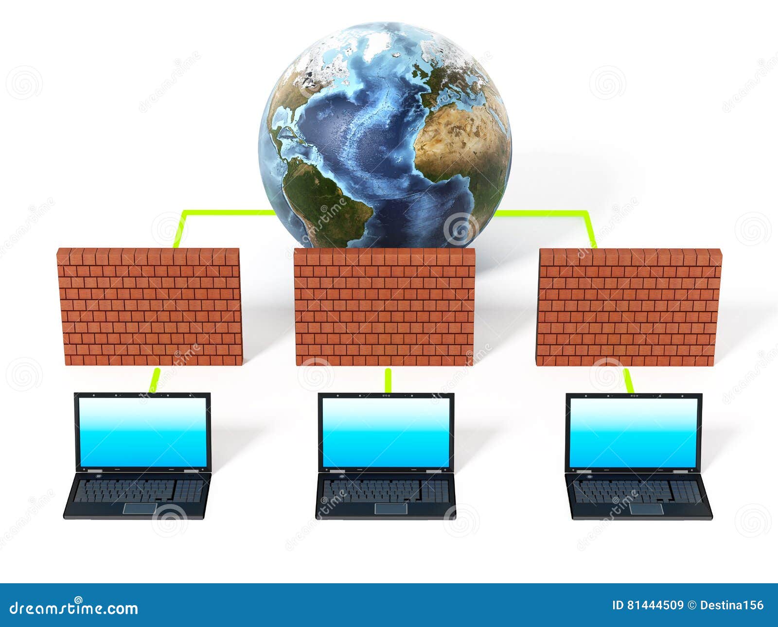Laptop Computers Protected by Firewall. 3D Illustration Stock ...