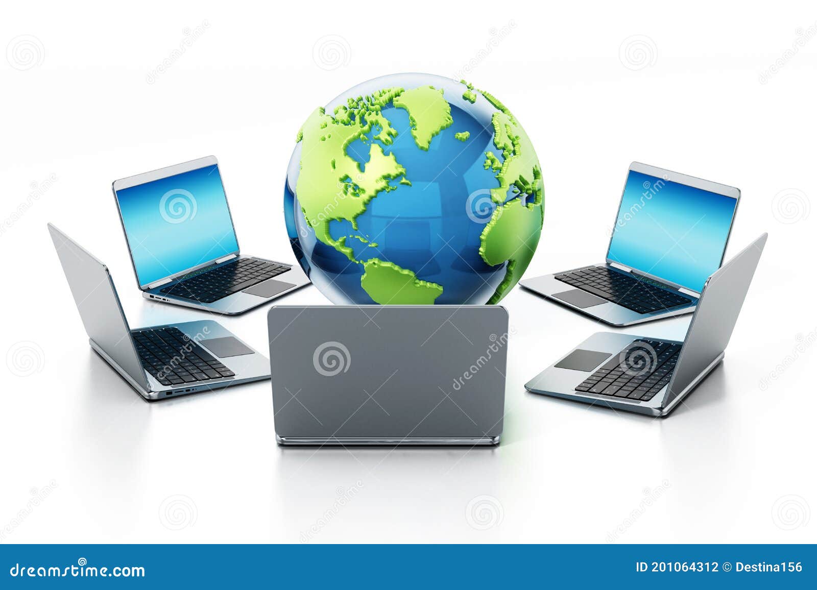 Laptop Computers Standing Around the Globe. 3D Illustration Stock ...