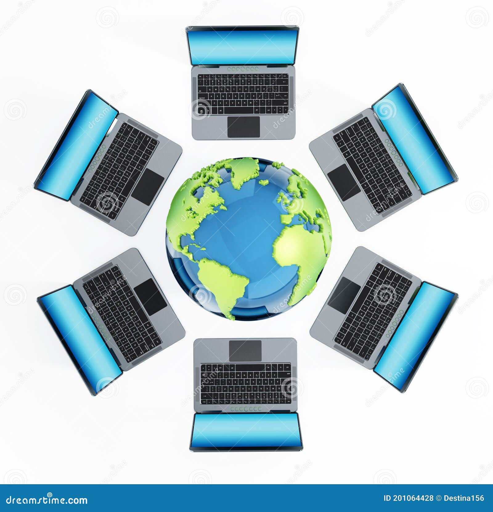 Laptop Computers Standing Around the Globe. 3D Illustration Stock ...
