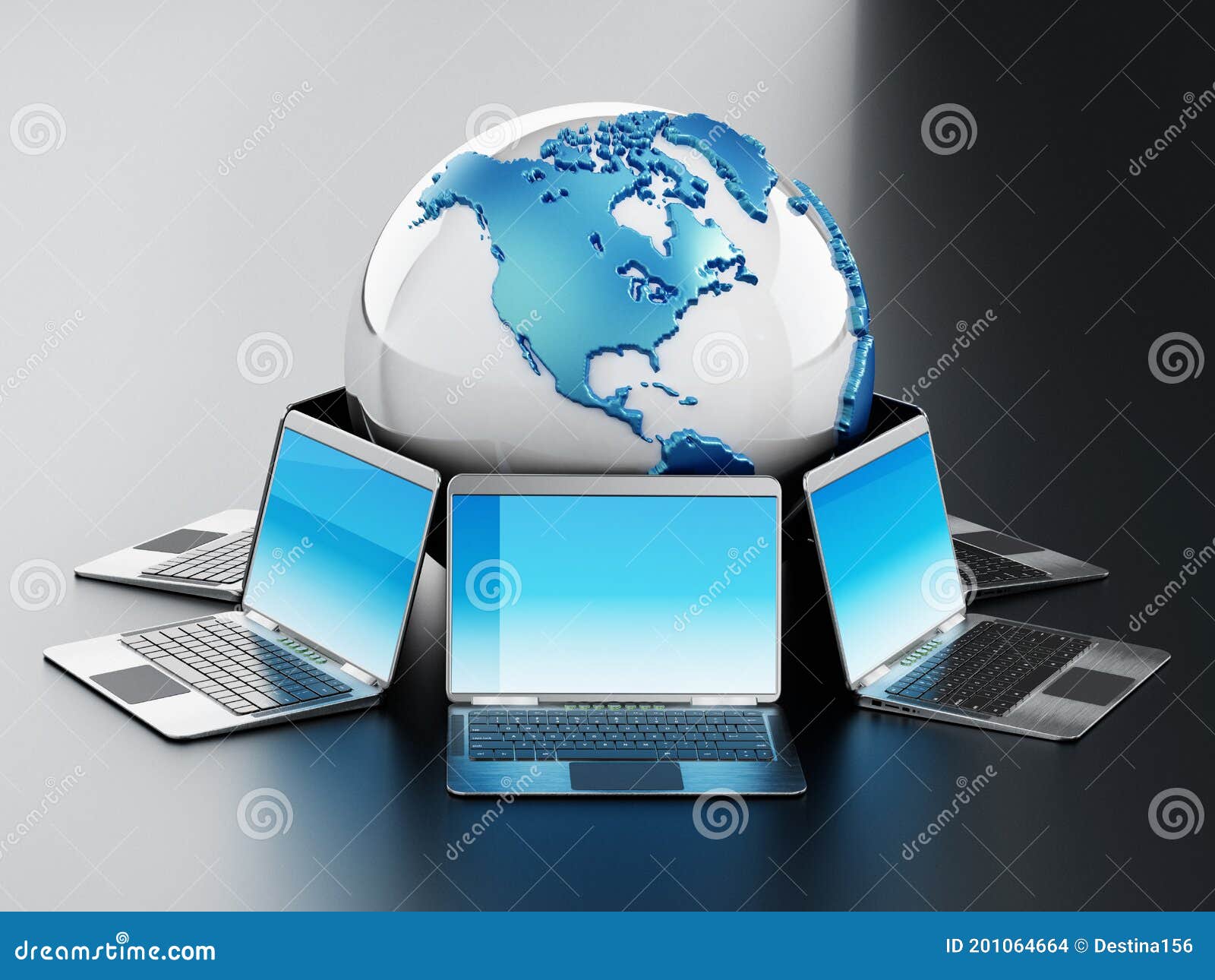 Laptop Computers Standing Around the Globe. 3D Illustration Stock ...