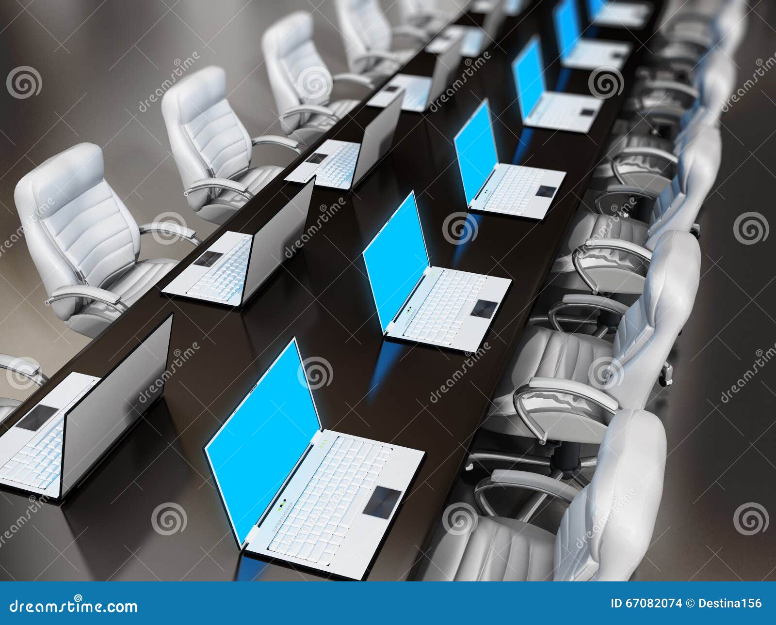 Laptop Computers Standing on Boardroom Table Stock Illustration ...