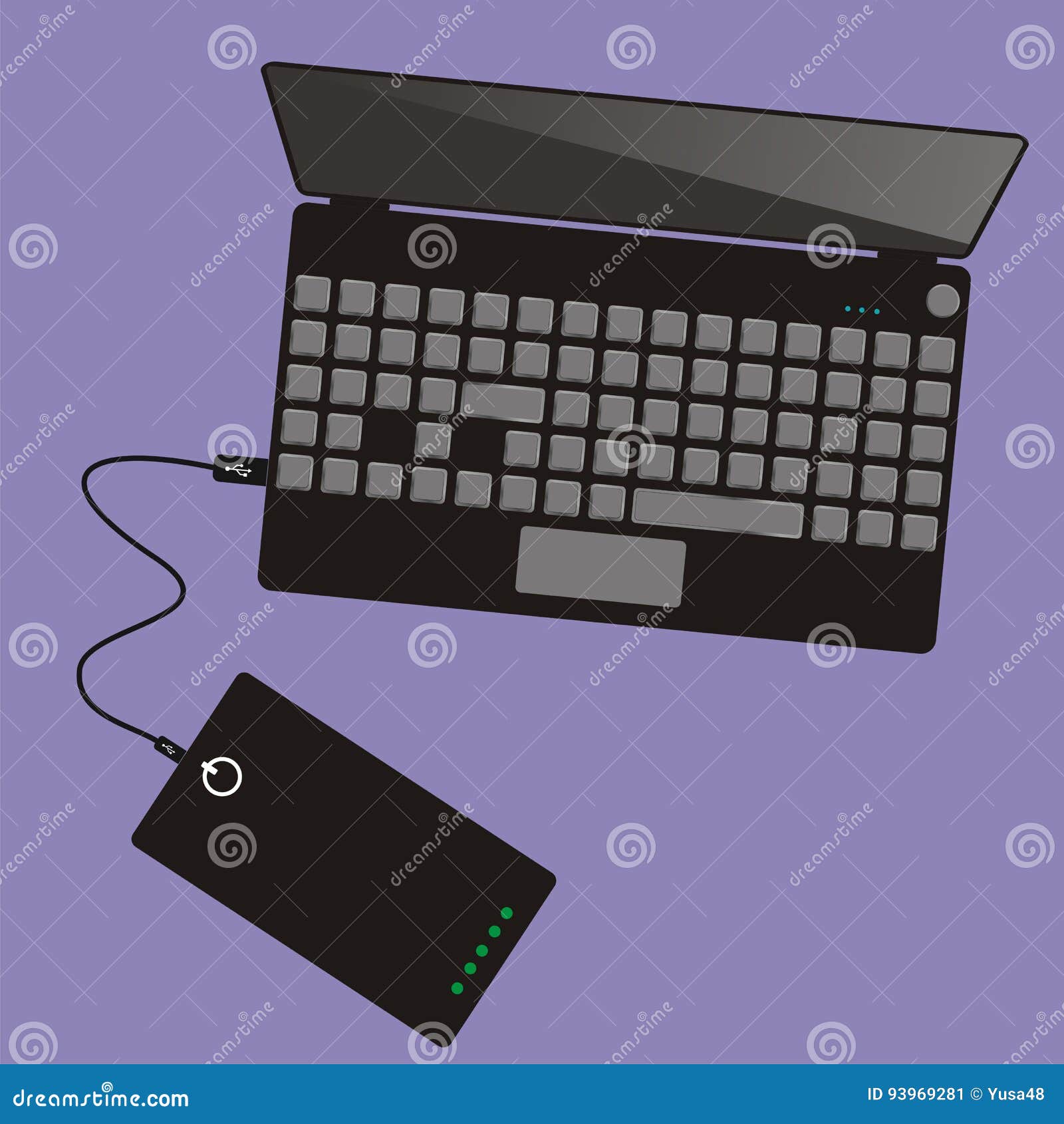 Laptop Connected To Power Bank. Top View. Communication Technology ...