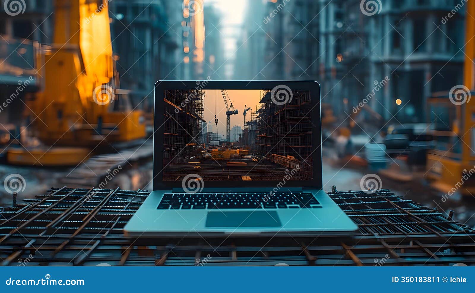Laptop on Construction Site Showing Crane on Screen Photo Stock ...