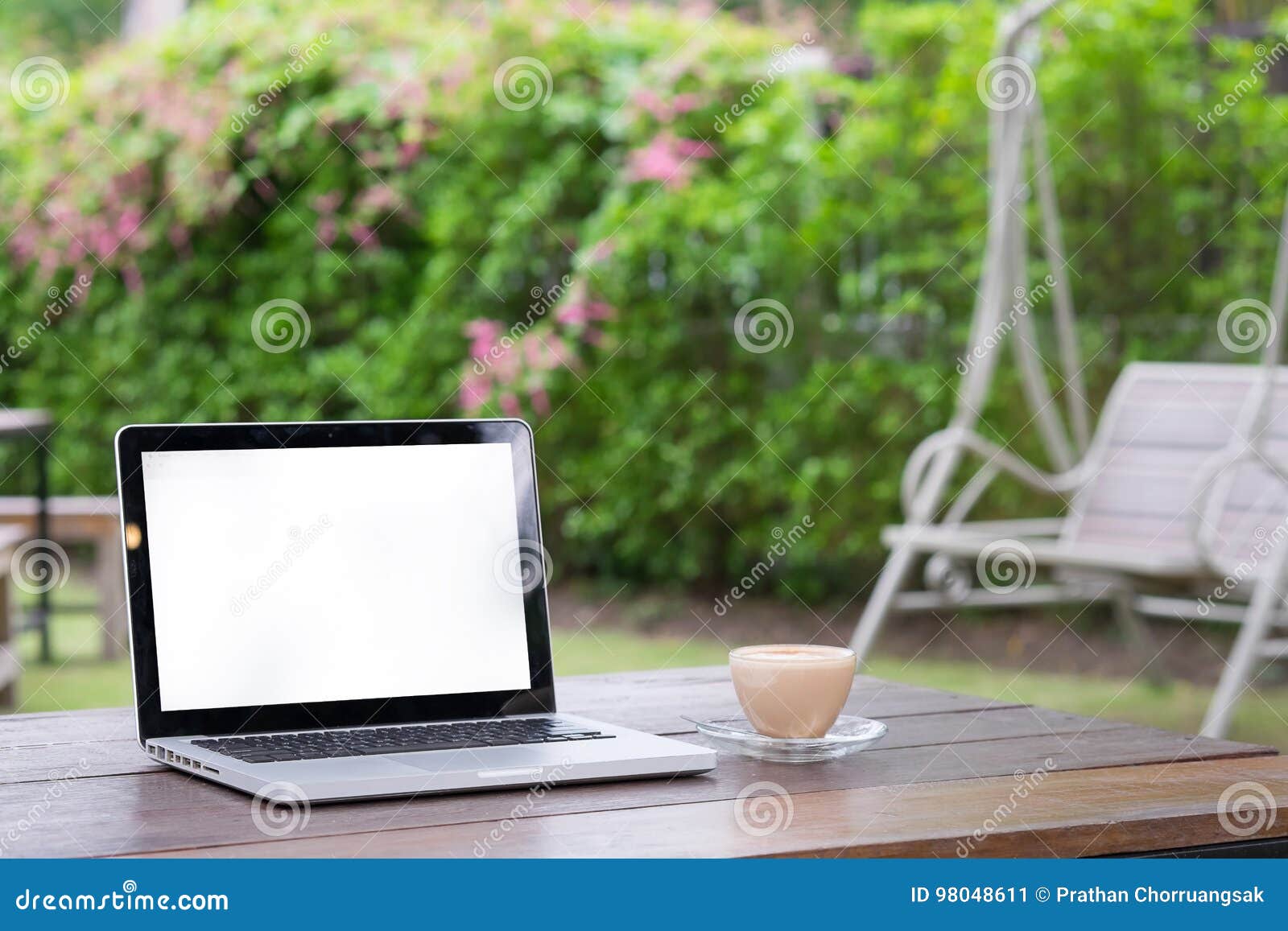 Laptop and Cup of Coffee in Garden. Stock Image - Image of nature ...