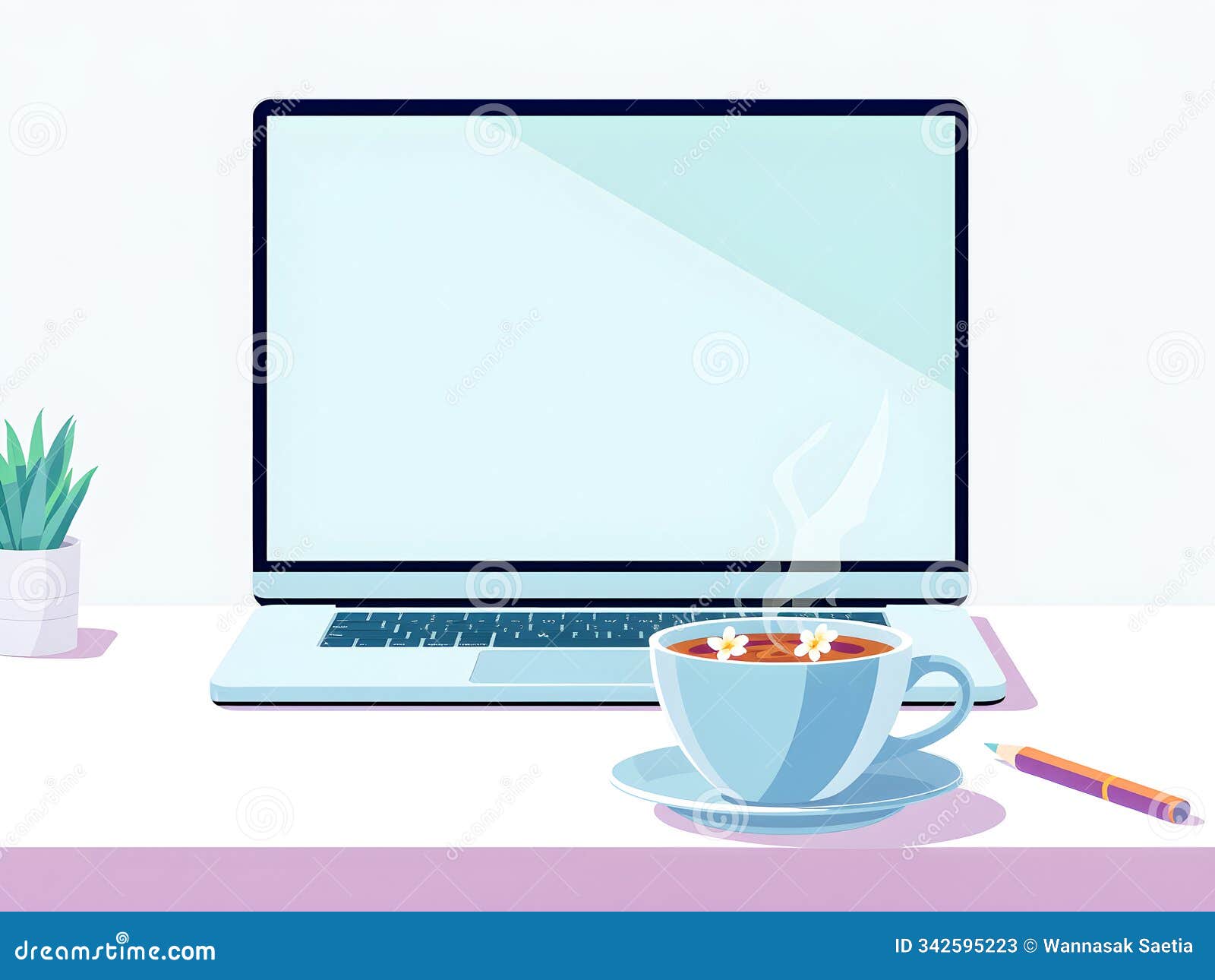 Laptop with Cup of Coffee on the Table. Vector Illustration Stock Image ...