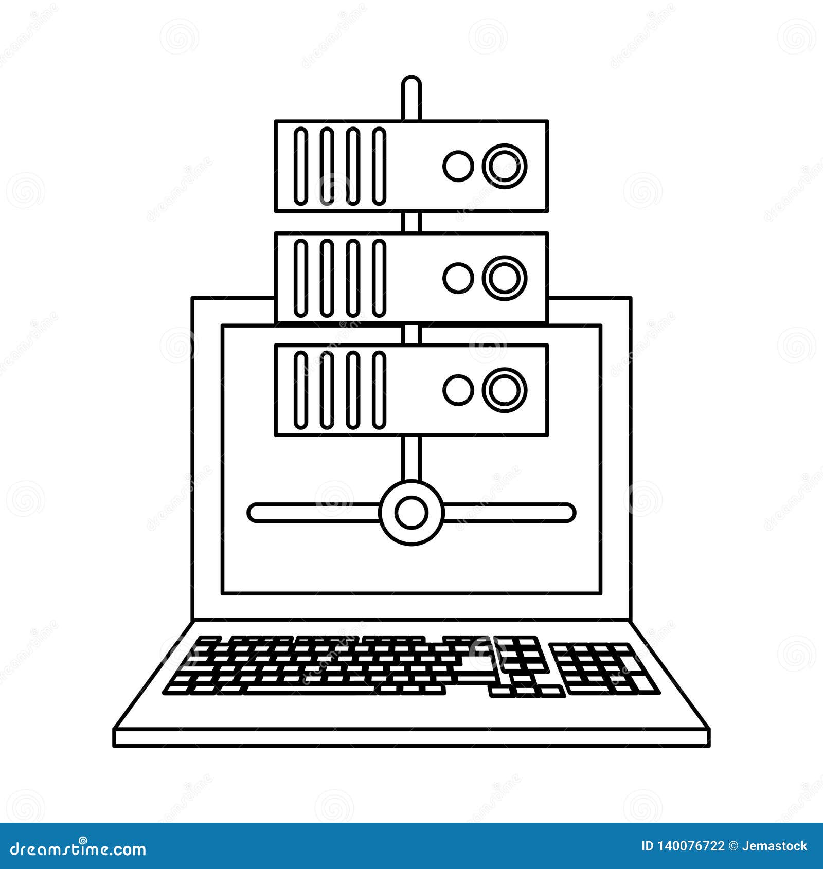 Laptop And Database Servers Black And White Vector Illustration ...
