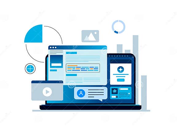 Laptop with Databases and Work Projects Stock Illustration - Illustration of concept ...
