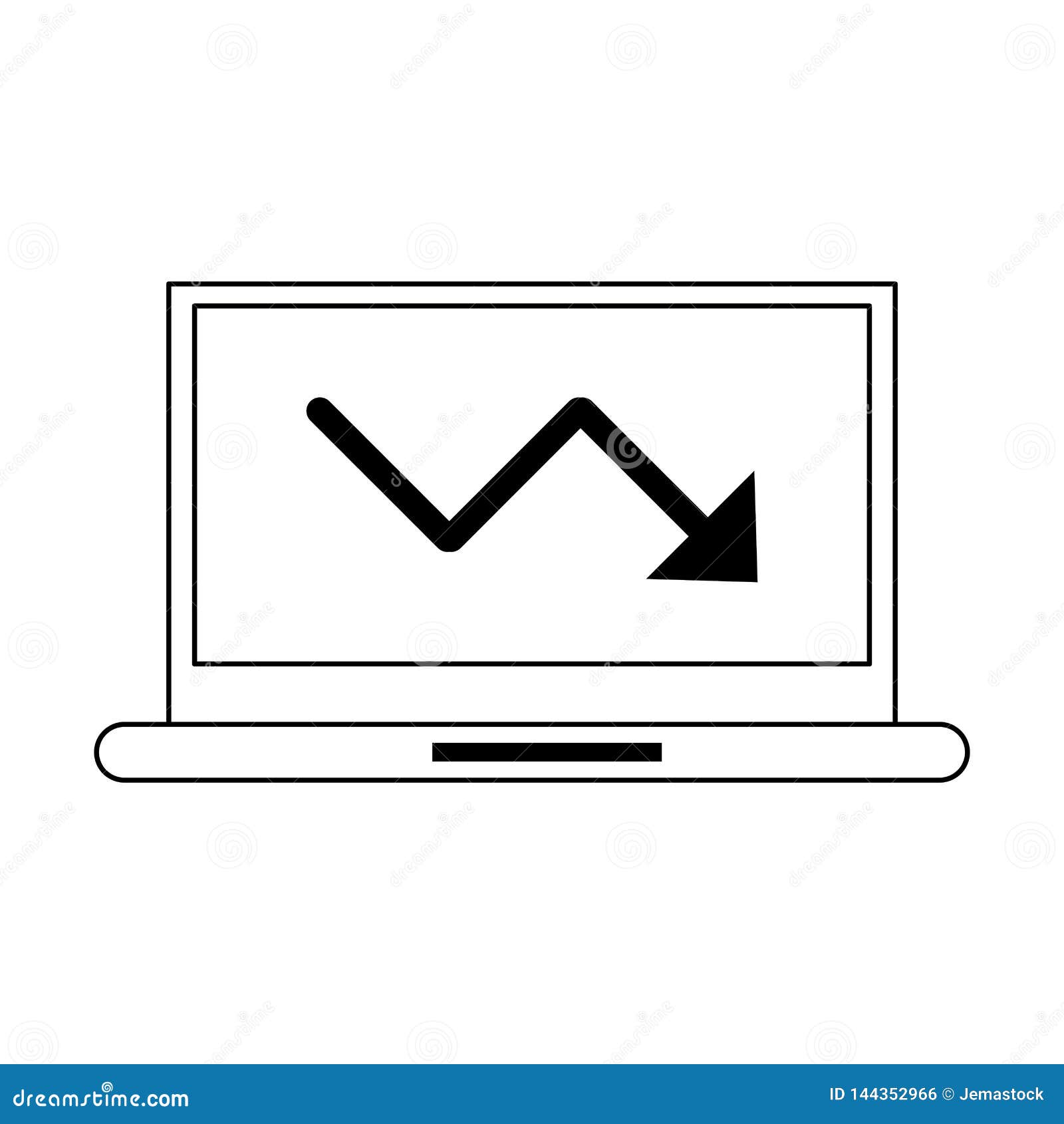 Laptop with Decrease Statistics Arrow Symbol in Black and White Stock ...