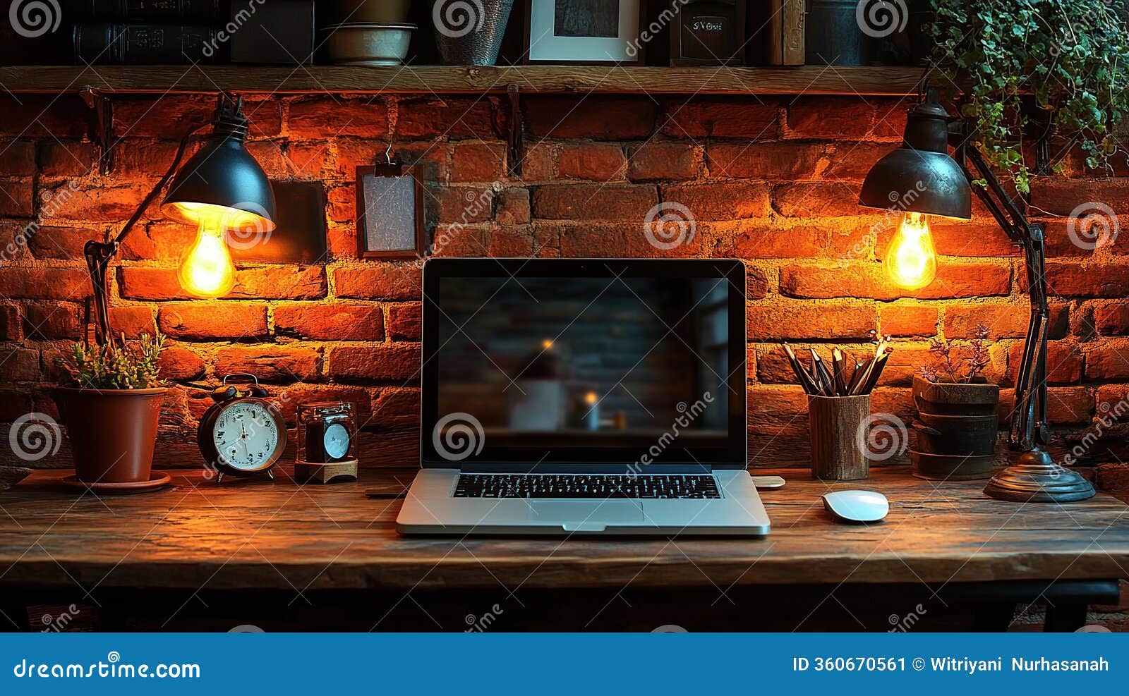 Laptop, Desk, Brick Wall, Night, Cozy Workspace Stock Image - Image of ...