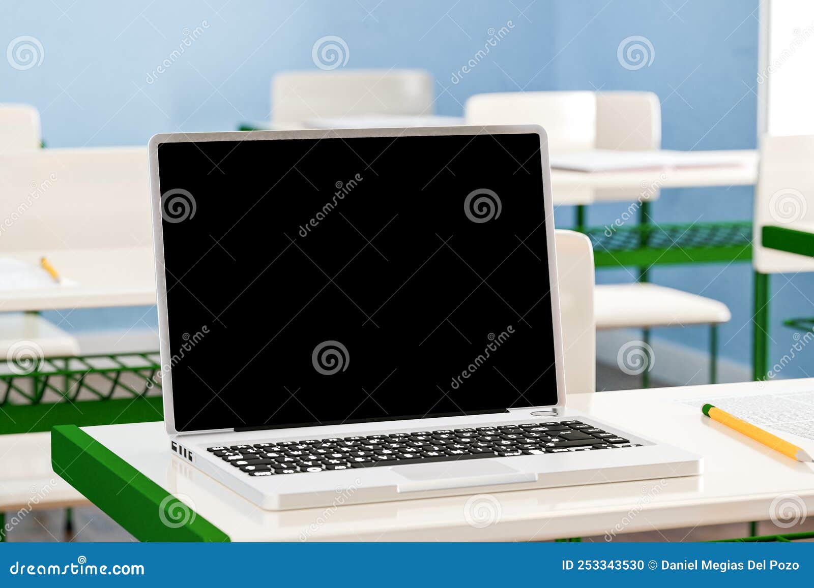 Laptop on Desk in Classroom. 3d Render Stock Illustration ...
