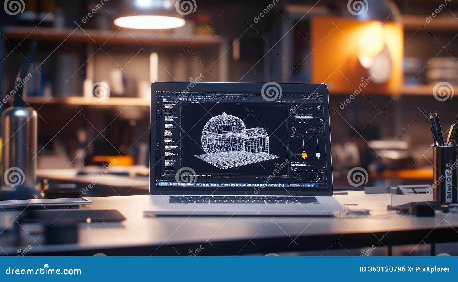 A Laptop on a Desk Displays a 3D Wireframe Model, Featuring Geometric ...