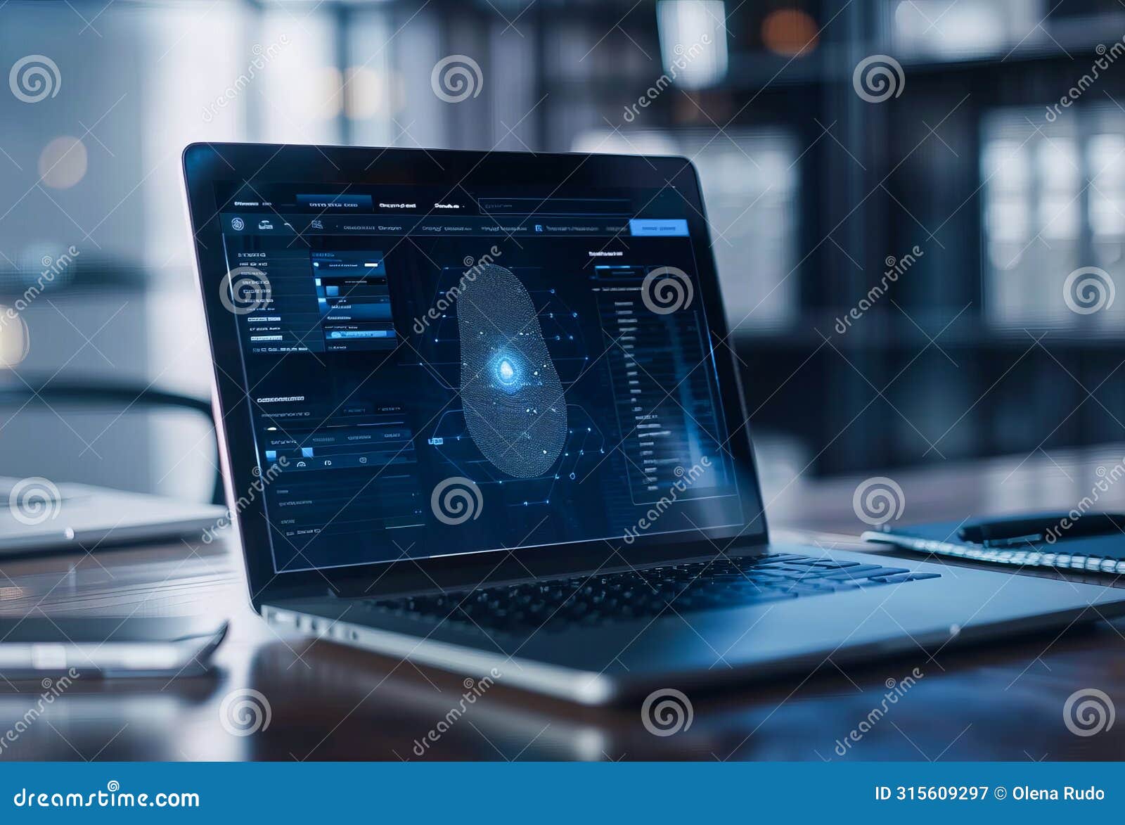 Close-Up View of a Fingerprint Security Scan on a Laptop Screen in a ...