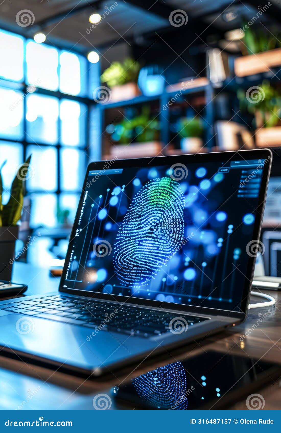 Close-Up View of a Fingerprint Security Scan on a Laptop Screen in a ...