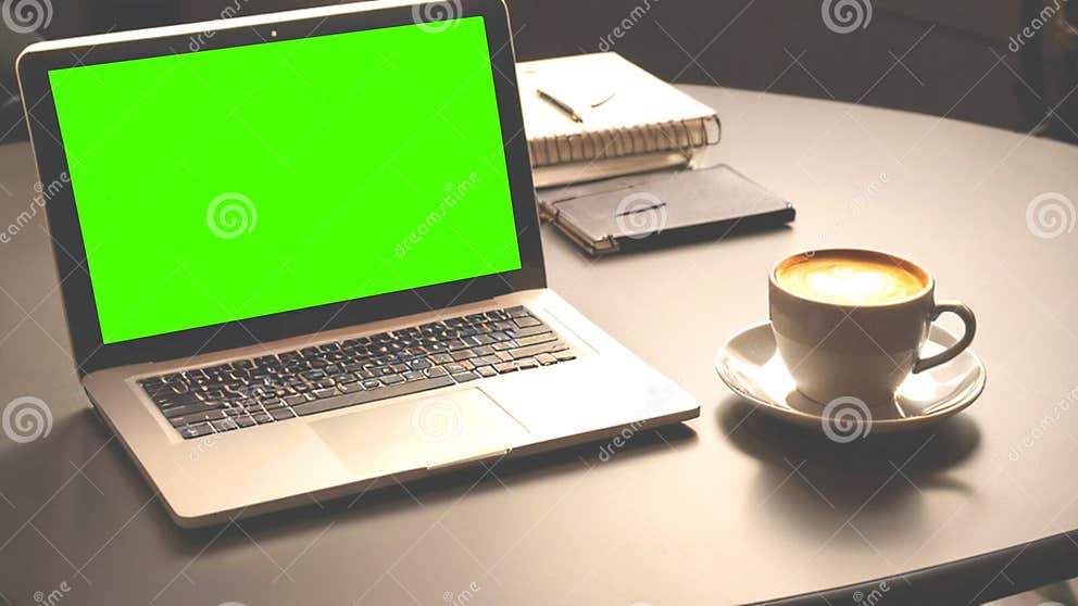 Laptop on Desk: Green Screen for Design Flexibility Stock Illustration ...