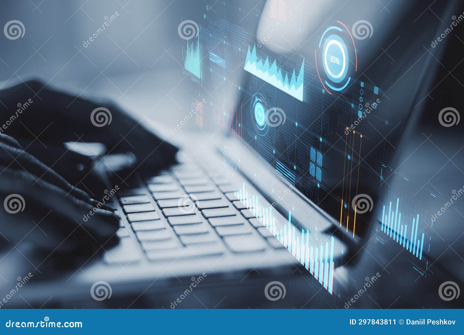 Laptop with Digital Data Analysis on Holographic Screen Stock Image ...