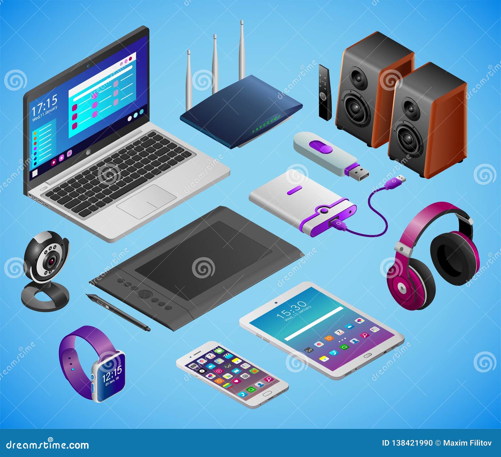 Laptop and Digital Gadgets in Isometry on Blue Background Stock Vector ...