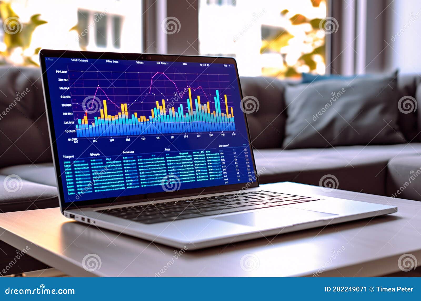 Laptop Display with Abstract Financial Graph on Office Desk, Financial ...