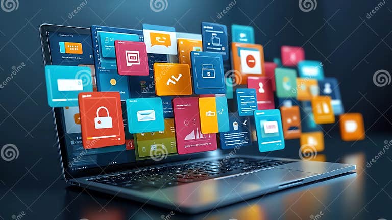 Laptop Display with Colorful App Icons and Digital Data Visualization ...