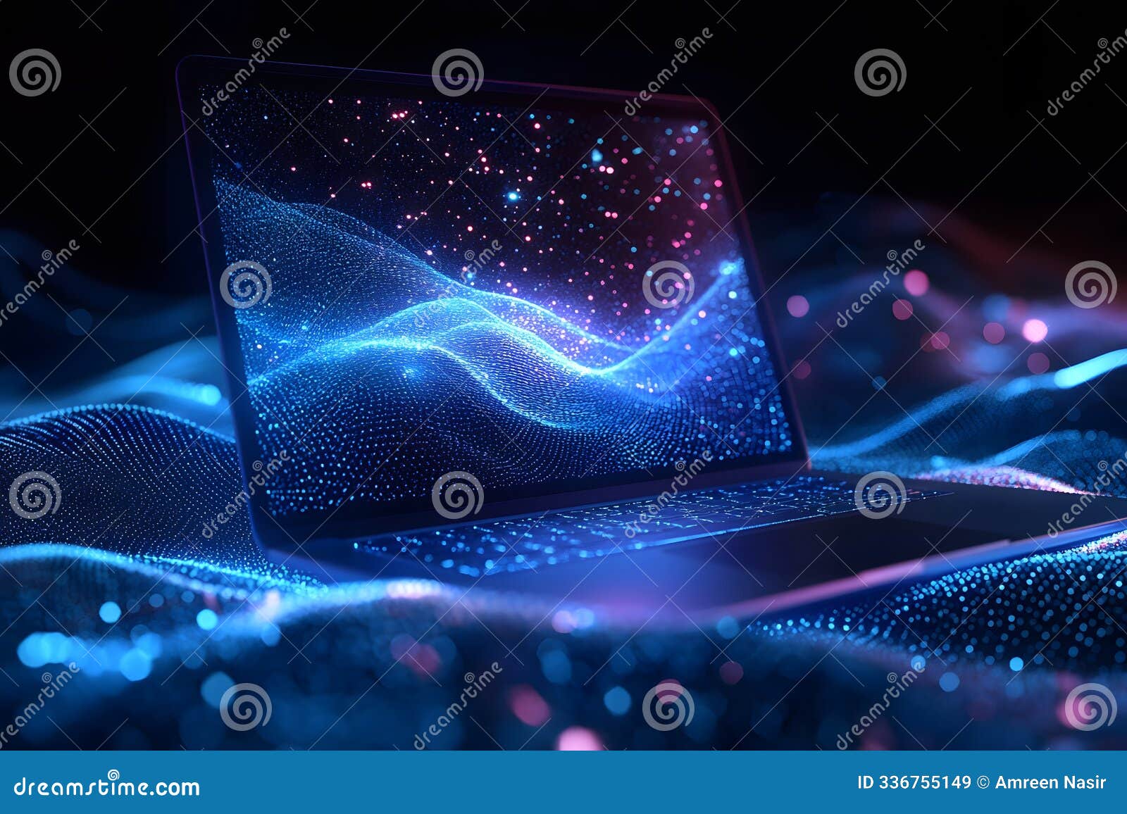 Laptop Displaying Digital Wave of Particles in Futuristic Environment ...