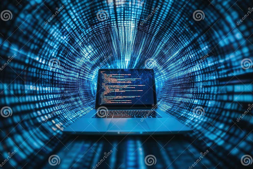 Laptop Showing Source Code Inside Abstract Internet Tunnel Stock Photo - Image of abstract ...